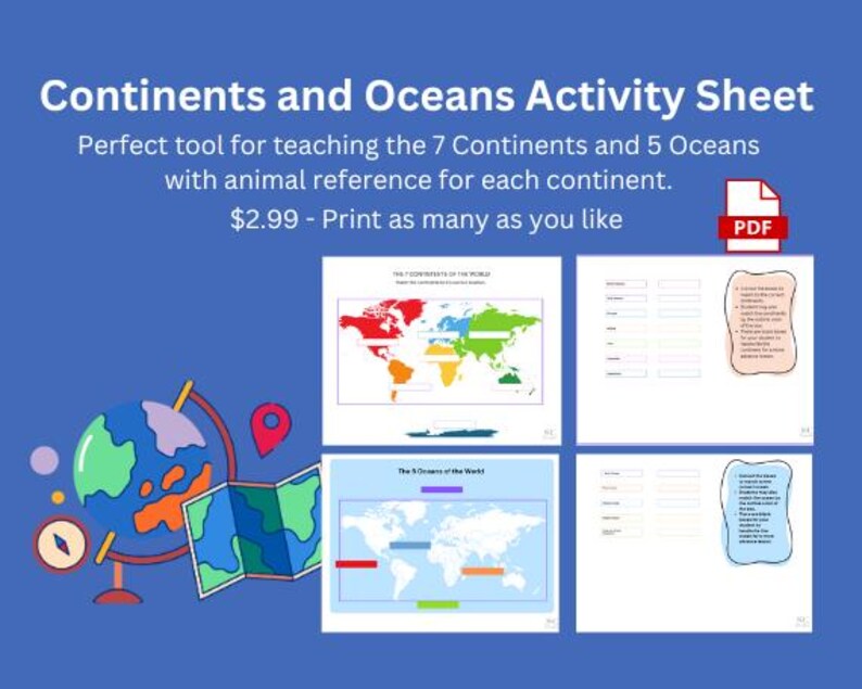 Continents and Oceans Activity Sheet - Etsy