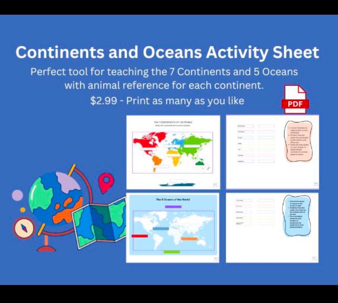 Continents and Oceans Activity Sheet - Etsy