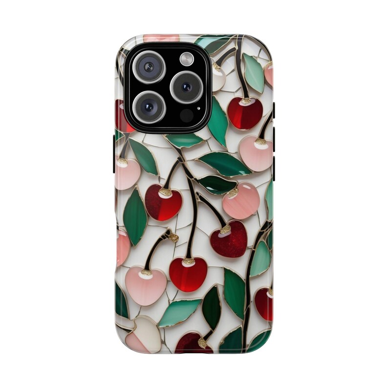 Red & Pink Cherry Stained Glass Effect Tough Phone Case, iPhone 16 15 ...