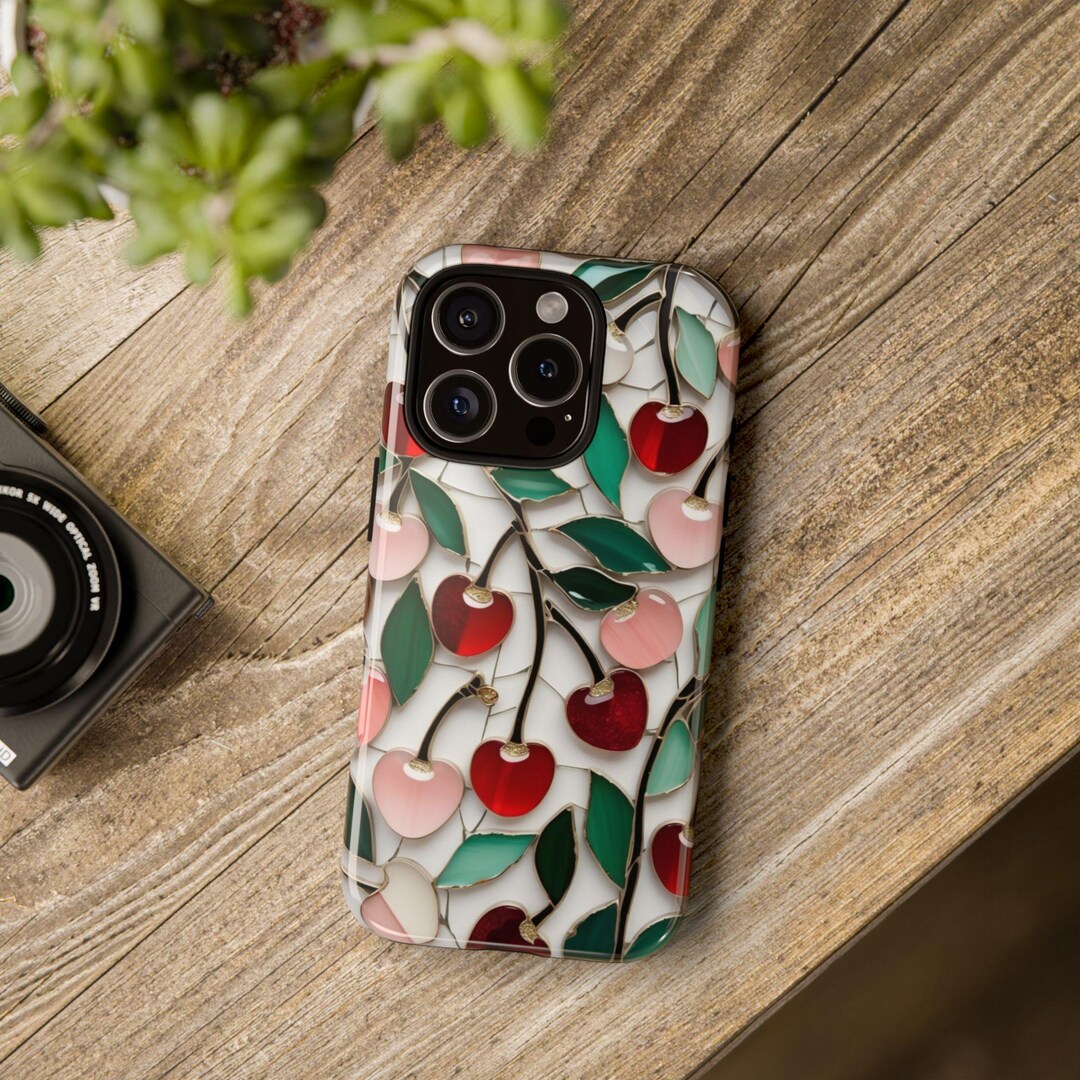 Red & Pink Cherry Stained Glass Effect Tough Phone Case, iPhone 16 15 ...
