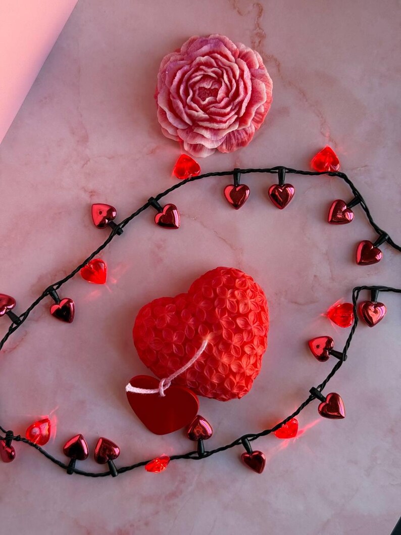 Handmade Valentines Heart Candle – 3D Floral Texture Soy Wax Candle ...