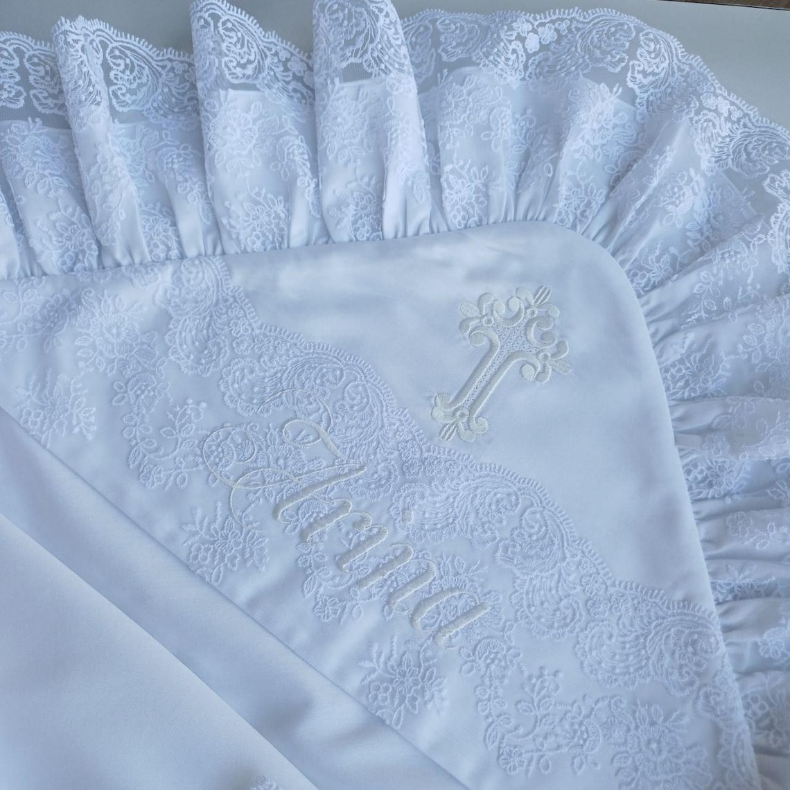Luxury Cotton Baptism Blanket: Hand Embroidered Lace, Christening Gift ...