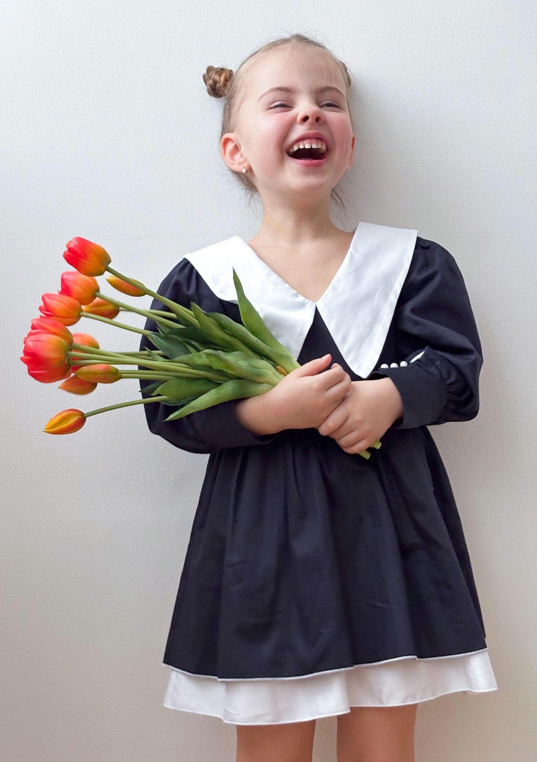 Girls' Cotton Dress: White Contrast Collar, Wednesday Style - Etsy