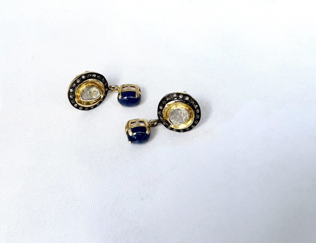 Polki Diamond & Blue Sapphire Drop Earrings, Victorian Style, Indian ...