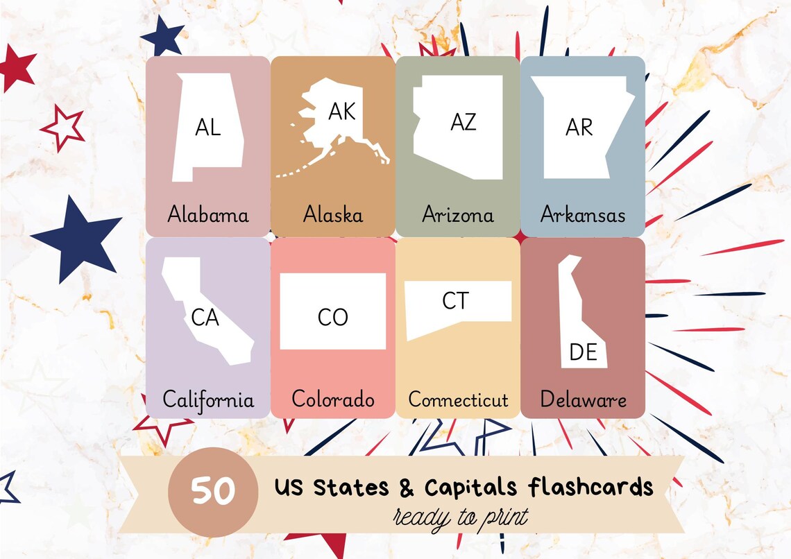 50 States & Capitals Flashcards – U.S. Geography Learning Cards for ...