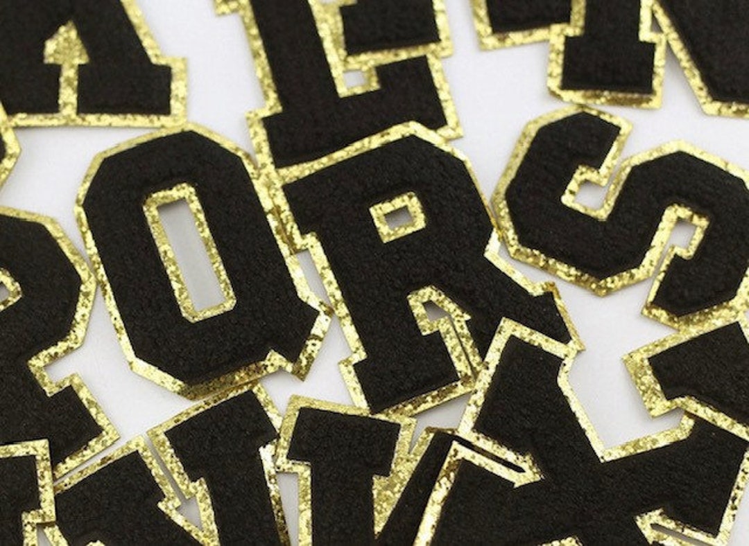 3" Black Gold Edge Iron on Varsity Letters Chenille Stitch Patch Heat ...