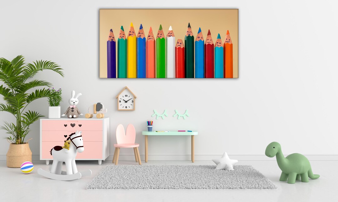 Colorful Pencils Wall Art Funny Faces Canvas Print Kids Room Decor ...