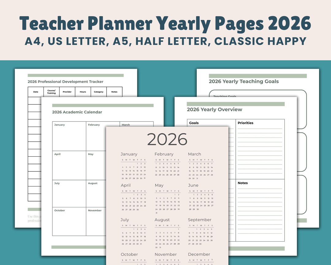 Teacher Planner Yearly Pages 2026 | Year at a Glance, Goals, Academic ...