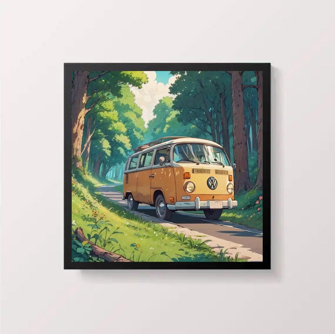 Ghibli-inspired Combi Van Square Poster - Forest Road Trip Illustration ...