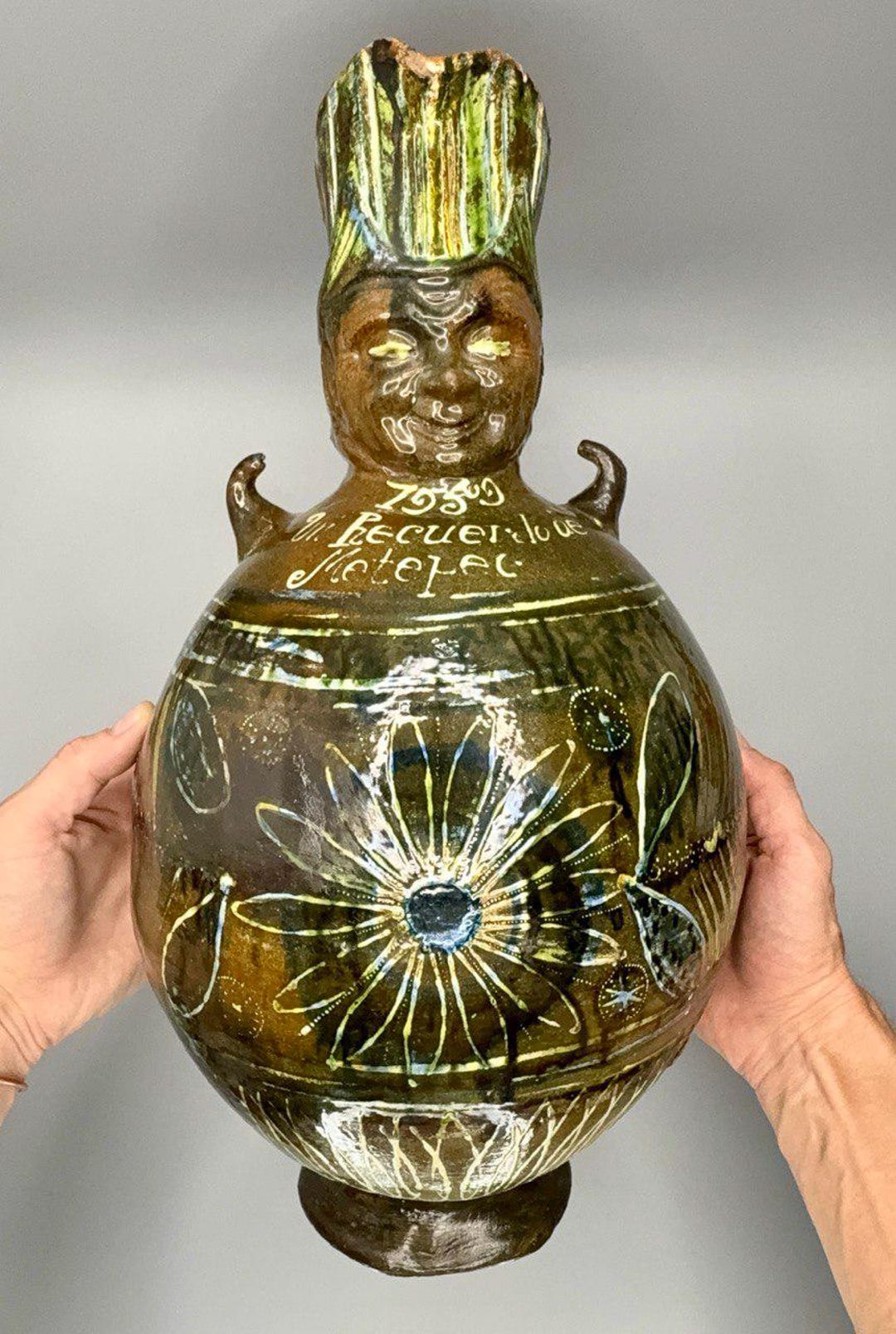 Vintage 1950 Mexican Folk Art Hand-painted Pottery Jug "un Recuerdo De ...