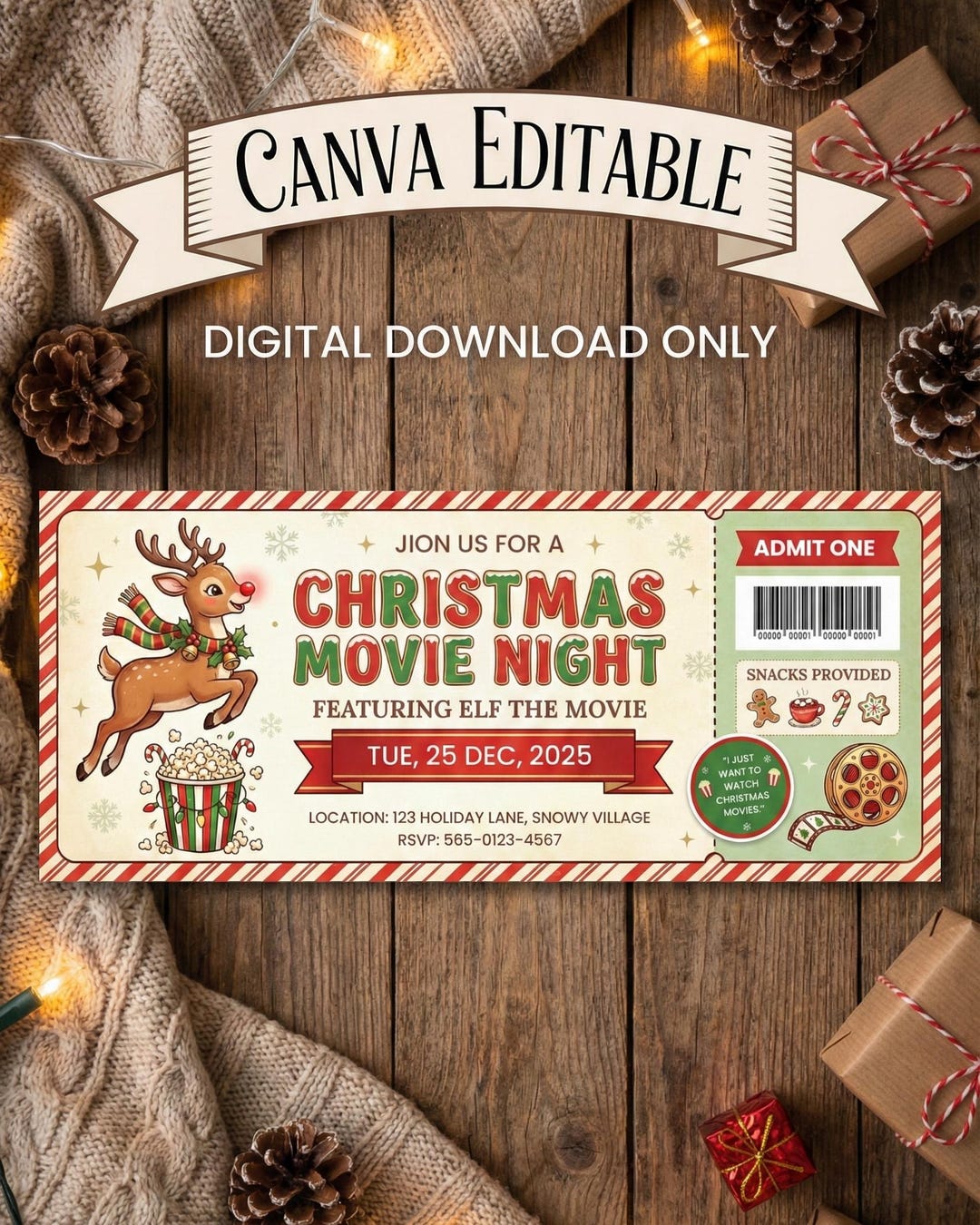 Christmas Movie Ticket Printable, Elf on the Shelf Movie Night, Canva ...