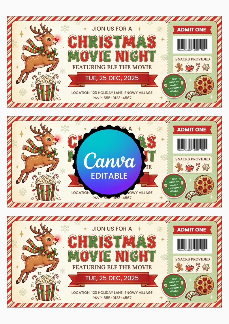 Christmas Movie Ticket Printable, Elf on the Shelf Movie Night, Canva ...