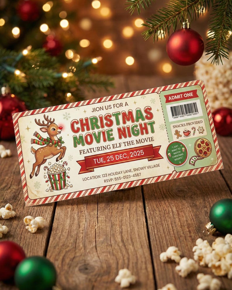 Christmas Movie Ticket Printable, Elf on the Shelf Movie Night, Canva ...