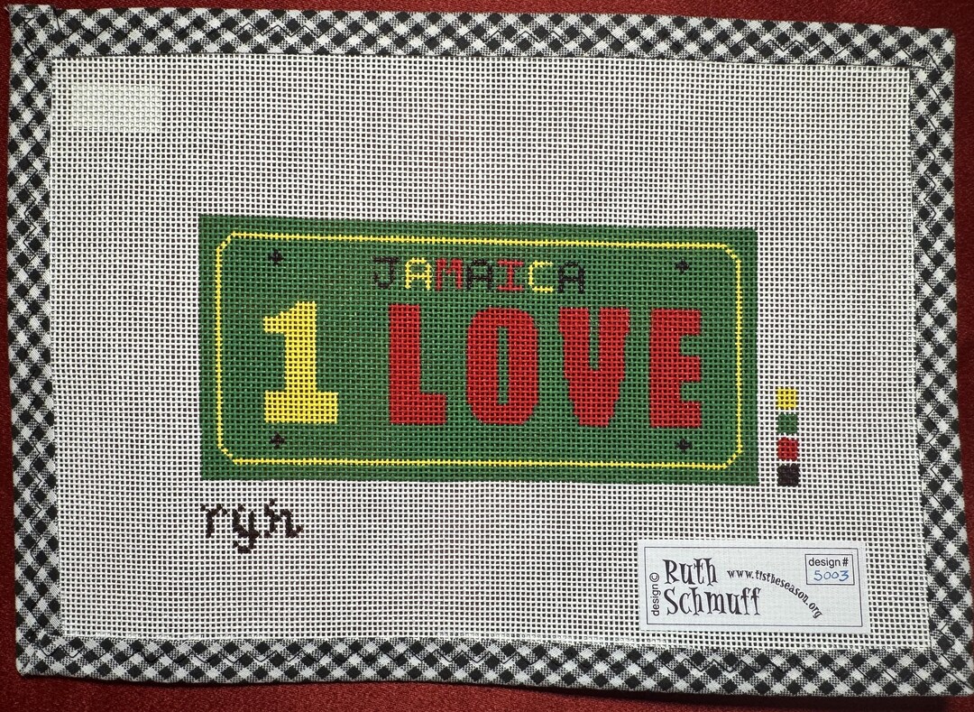 Handainted Needlepoint Canvas "1 Love" Jamaica License Plate by Ruth ...