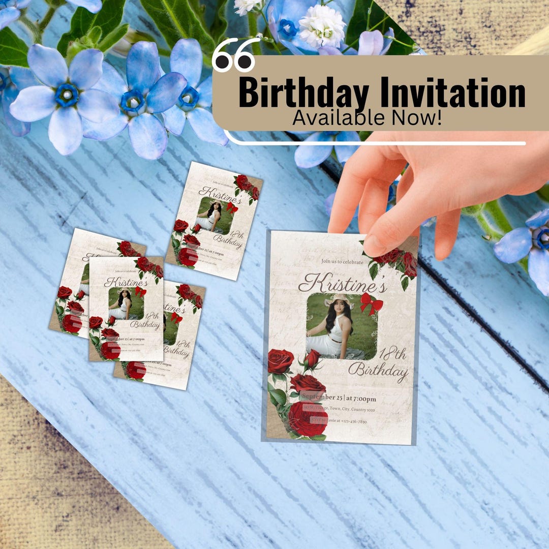 18th Red Rose Birthday Invitation | Floral Theme | Customizable ...