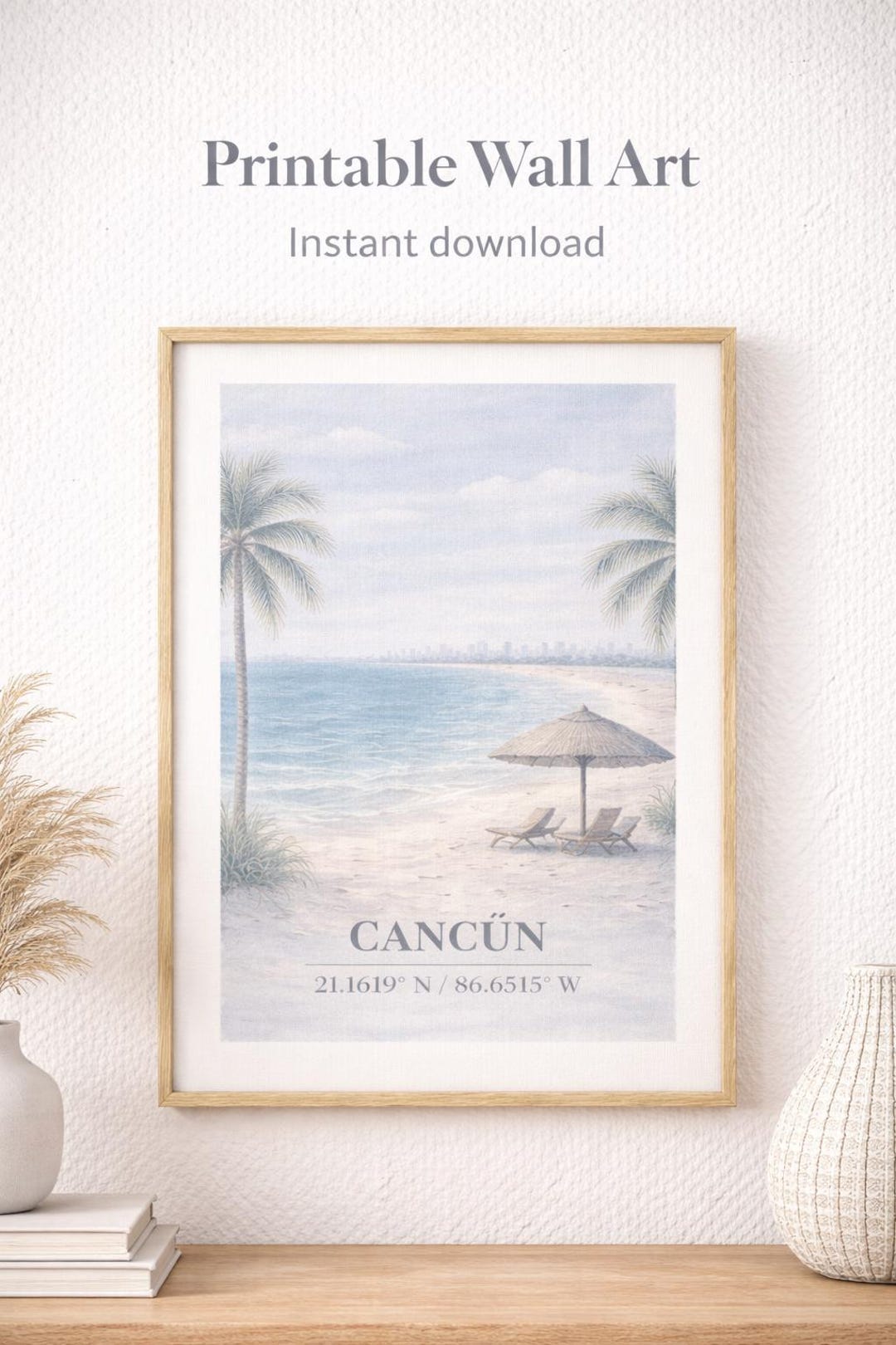 Cancun Japandi Blue Printable Wall Art – Minimal Coastal Poster With ...