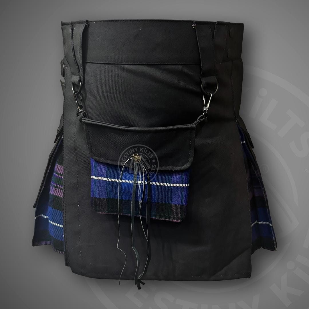 Men's Black Hybrid Kilt, Pride of Scotland Tartan, Celtic Pouch, 100% ...