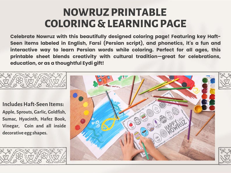 Happy Nowruz Coloring & Learning Sheet, Persian New Year, Haft Sin ...