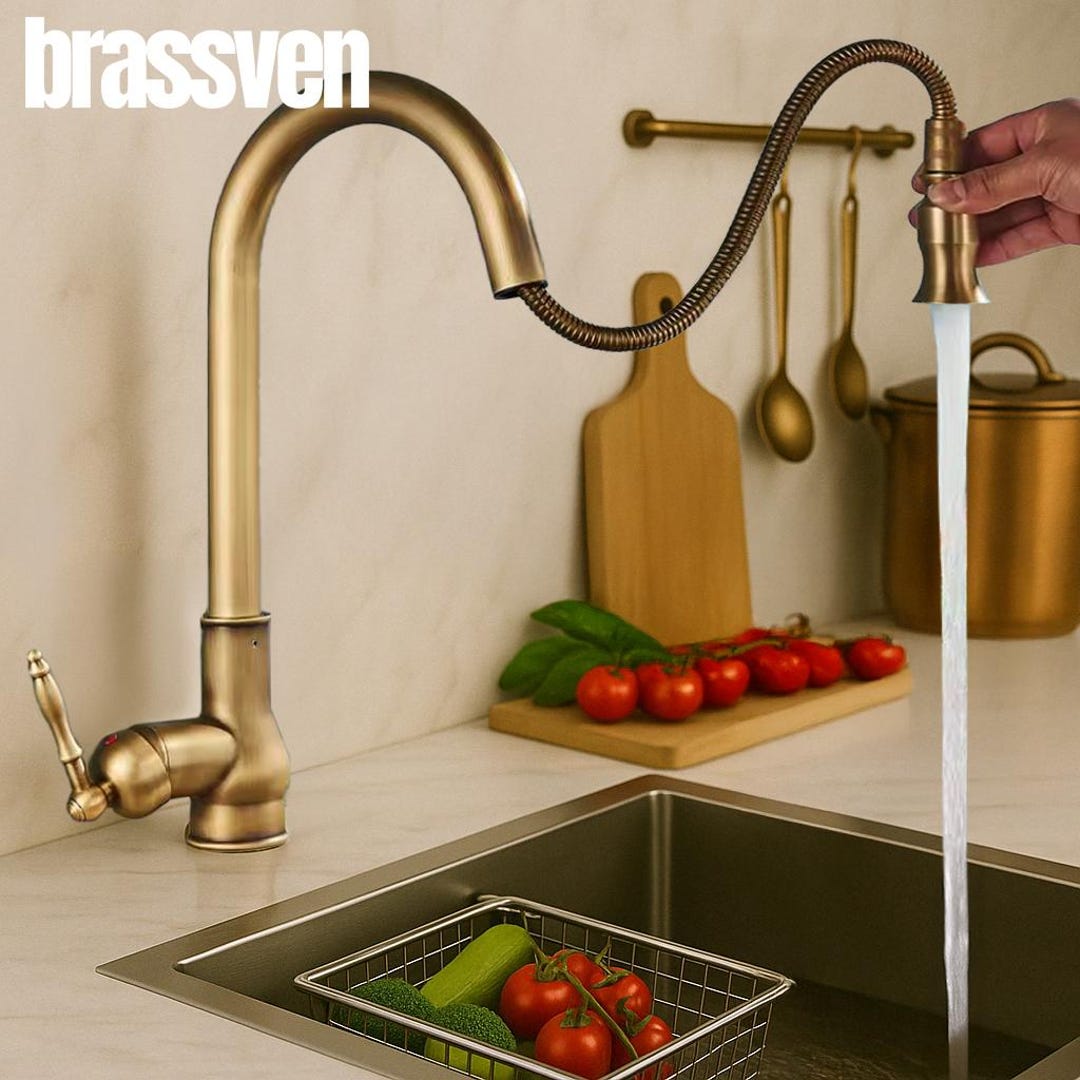 Vintage Style Pull-out Brass Kitchen Faucet – Swivel Spout, Single ...