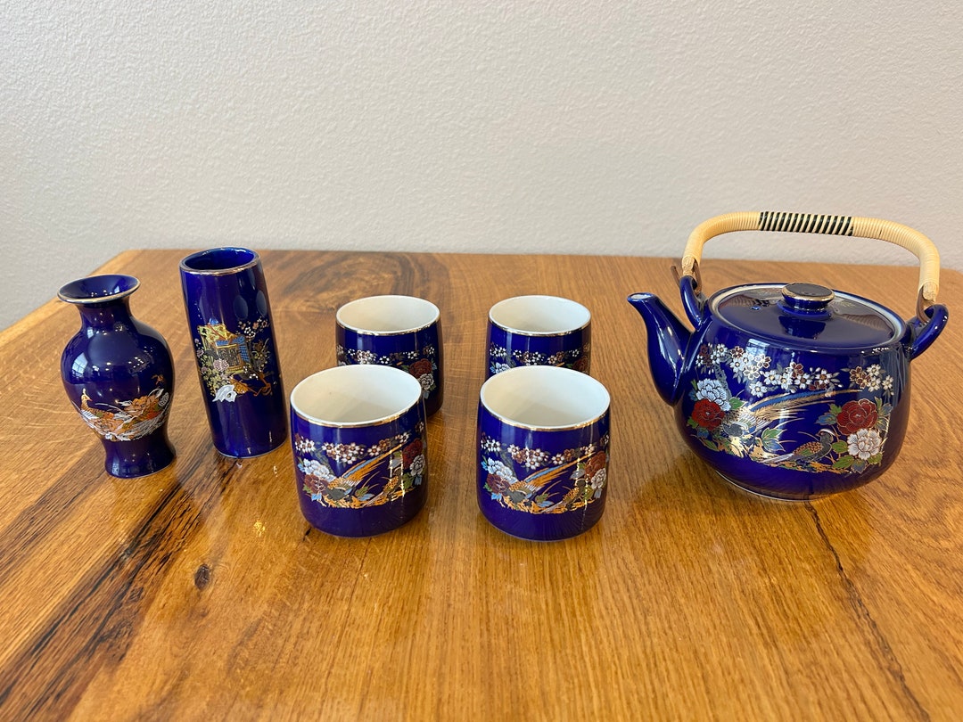 Vintage Cobalt Blue Japanese Tea Set Porcelain Beautiful Pheasant Theme ...