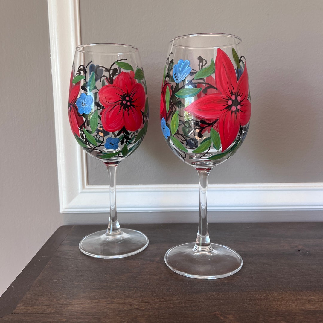 Hand-painted Wine Glasses set of 2 Ukrainian Floral Folk Art Inspired ...
