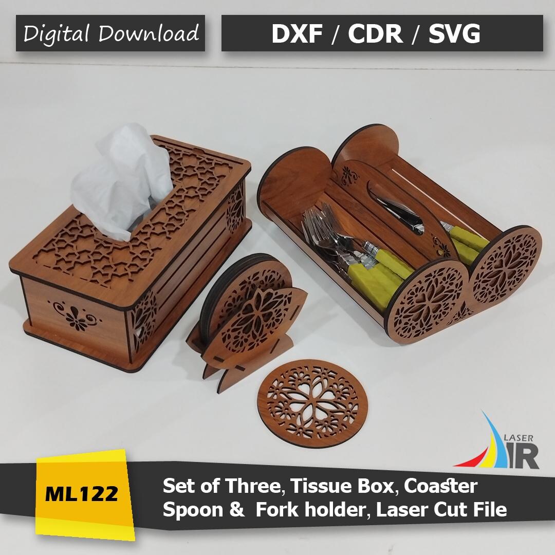 Set of Three, Tissue Box, Coaster, Spoon & Fork Holder, Laser Cut File ...