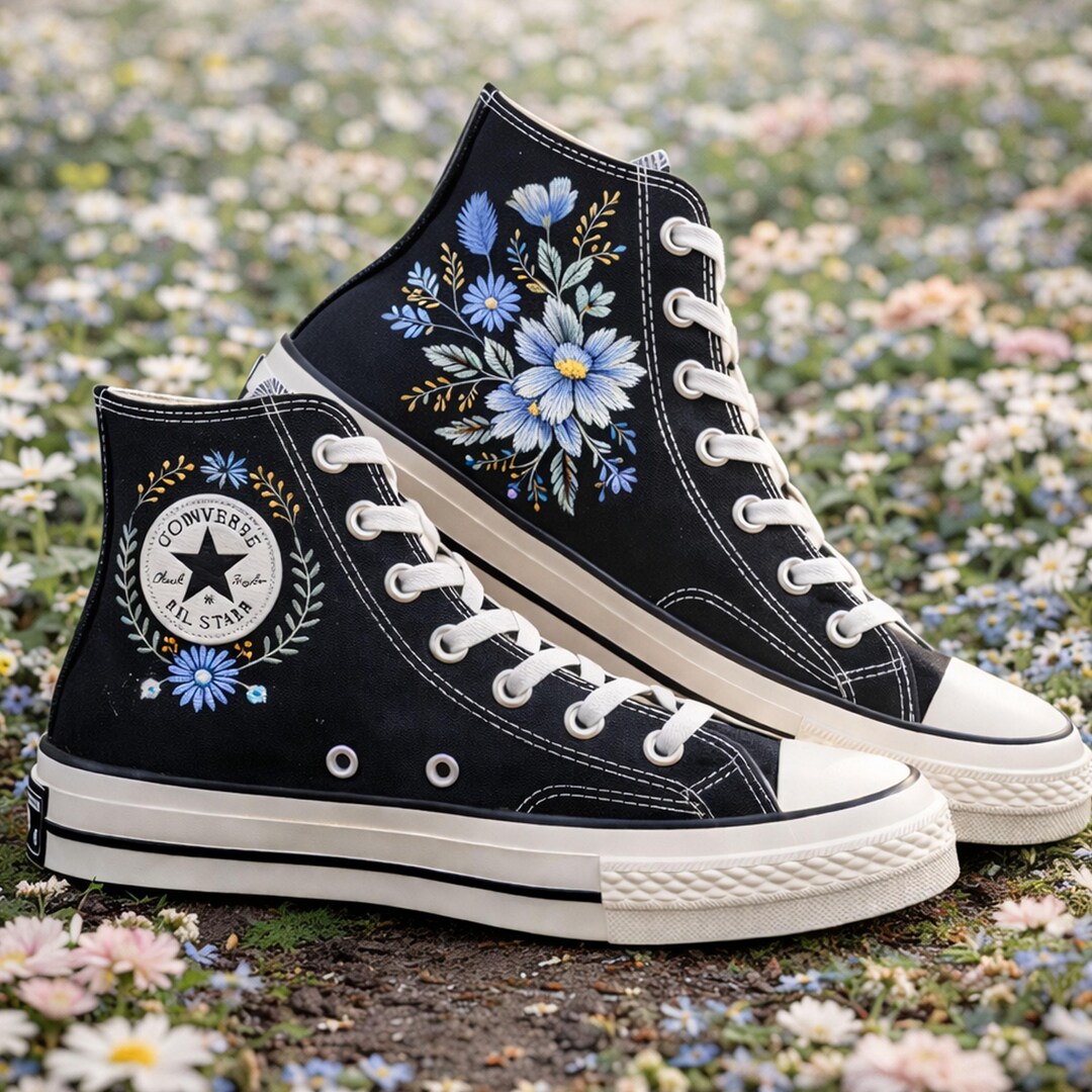 Custom Embroidered Wedding Converse, Blue Floral Embroidered Sneakers ...