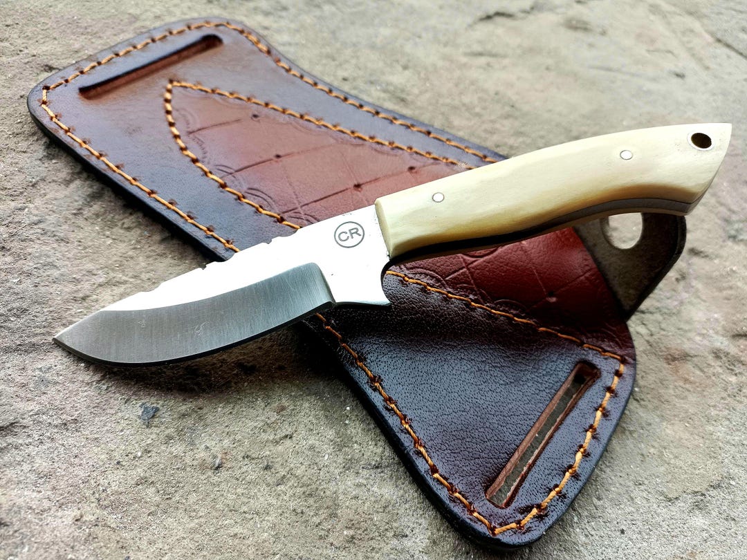 Handmade Stainless Steel Bushcraft Knife: Bone Handle, Leather Sheath ...