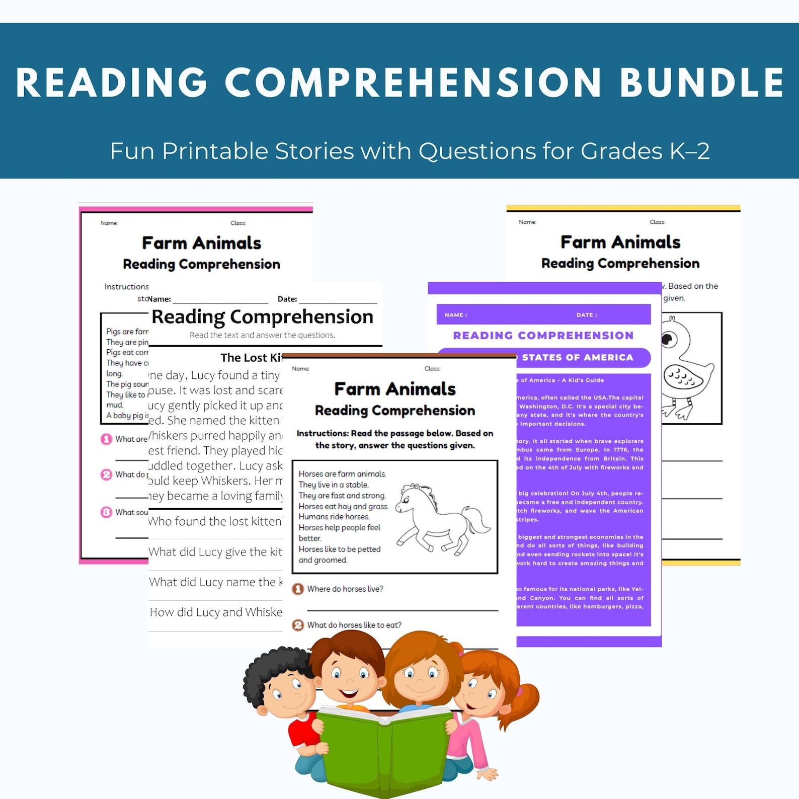 Reading Comprehension Bundle, Kids Reading Printables, 1st Grade, 2nd ...