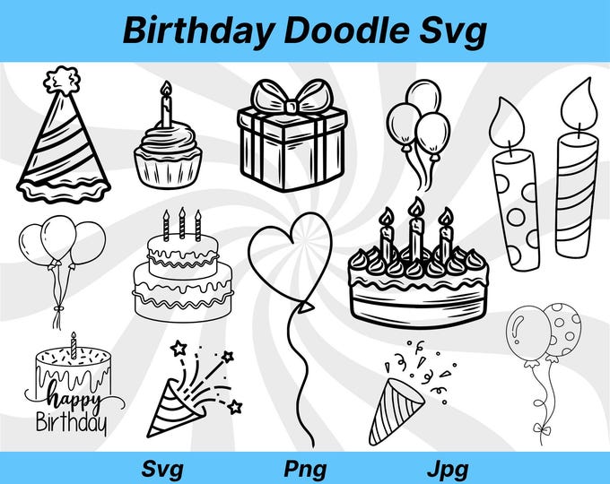 Birthday Digital Stamps Set: Hand Drawn Printable Balloons, Cake ...