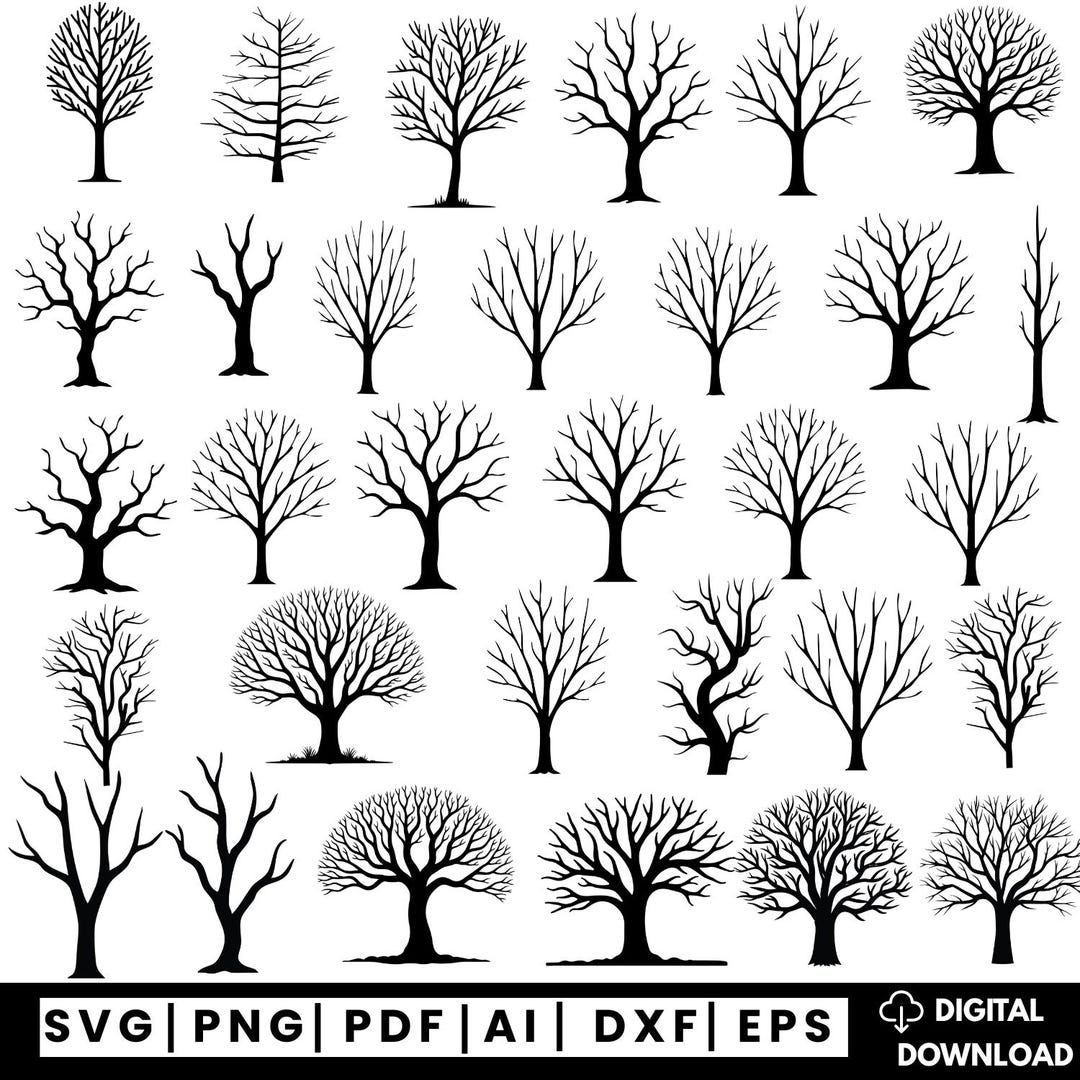 Rustic Bare Tree Silhouette SVG Bundle: Leafless Tree Clipart (digital ...