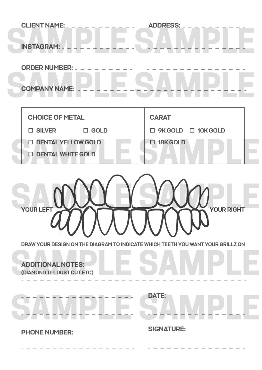 Custom Grillz Order Form Template: Client Info Sheet With Teeth Diagram ...