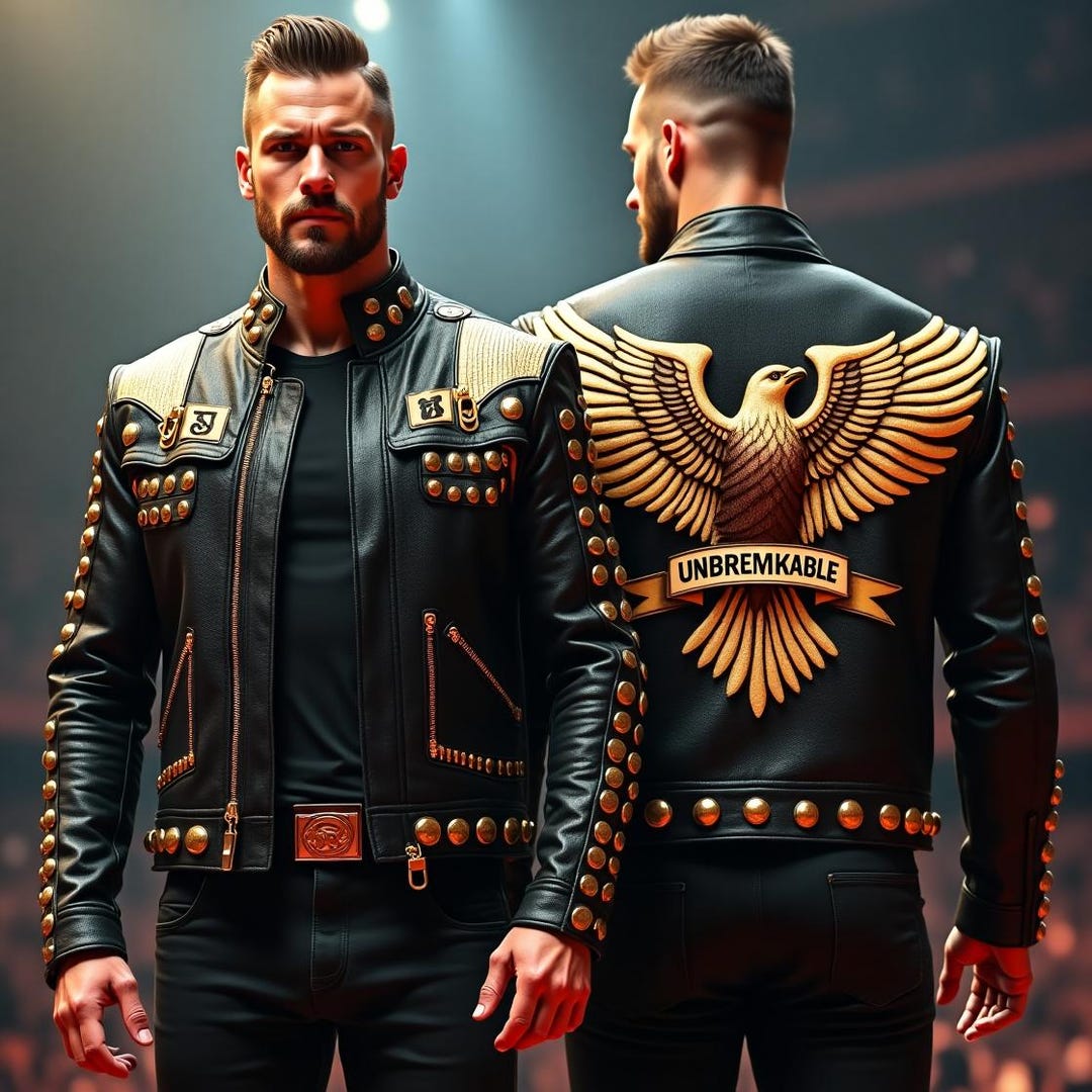 Handmade Black Leather Jacket With Gold Studs & Custom Printed Eagle ...
