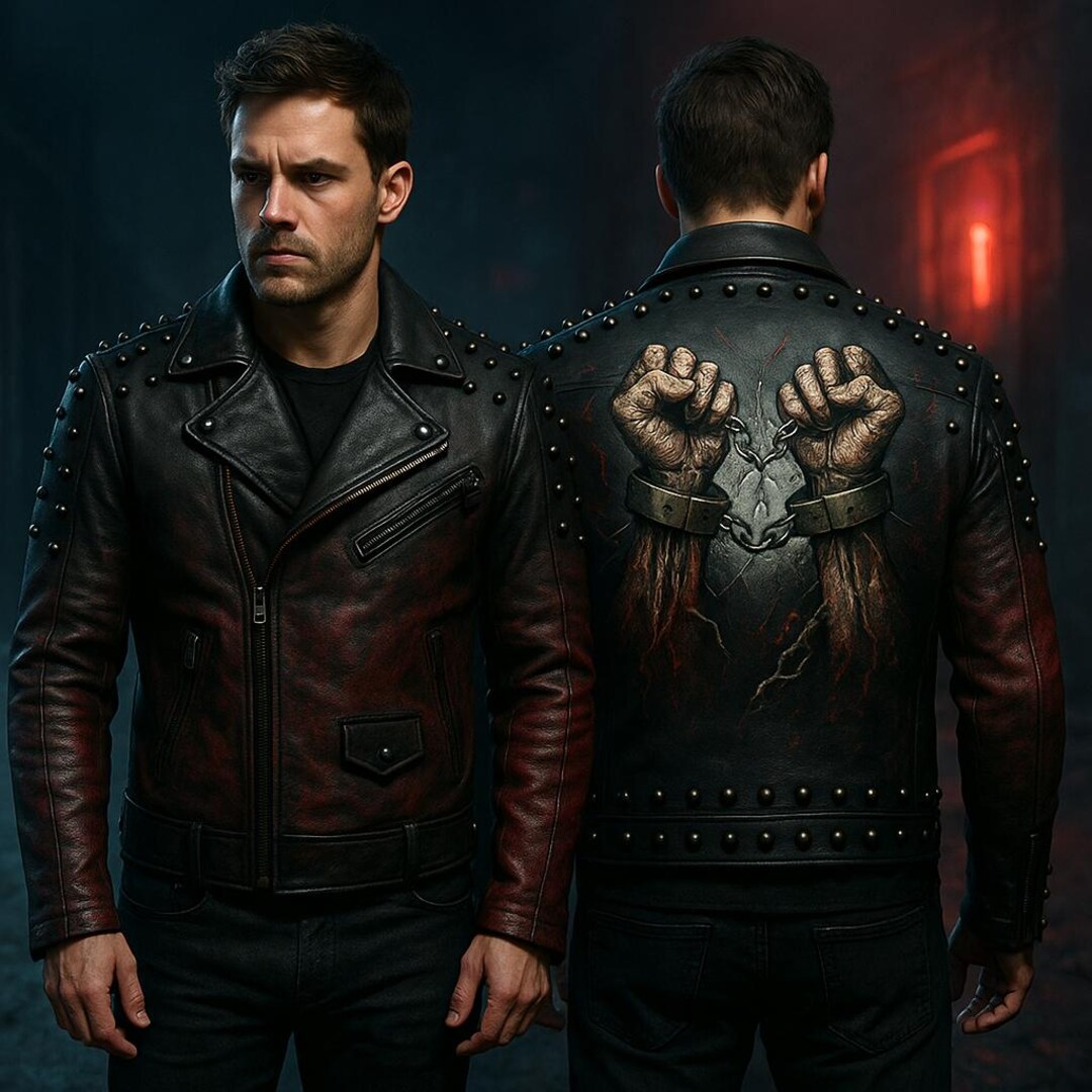 Handmade Gothic Inspired Leather Biker Jacket | Horror Fist Print ...