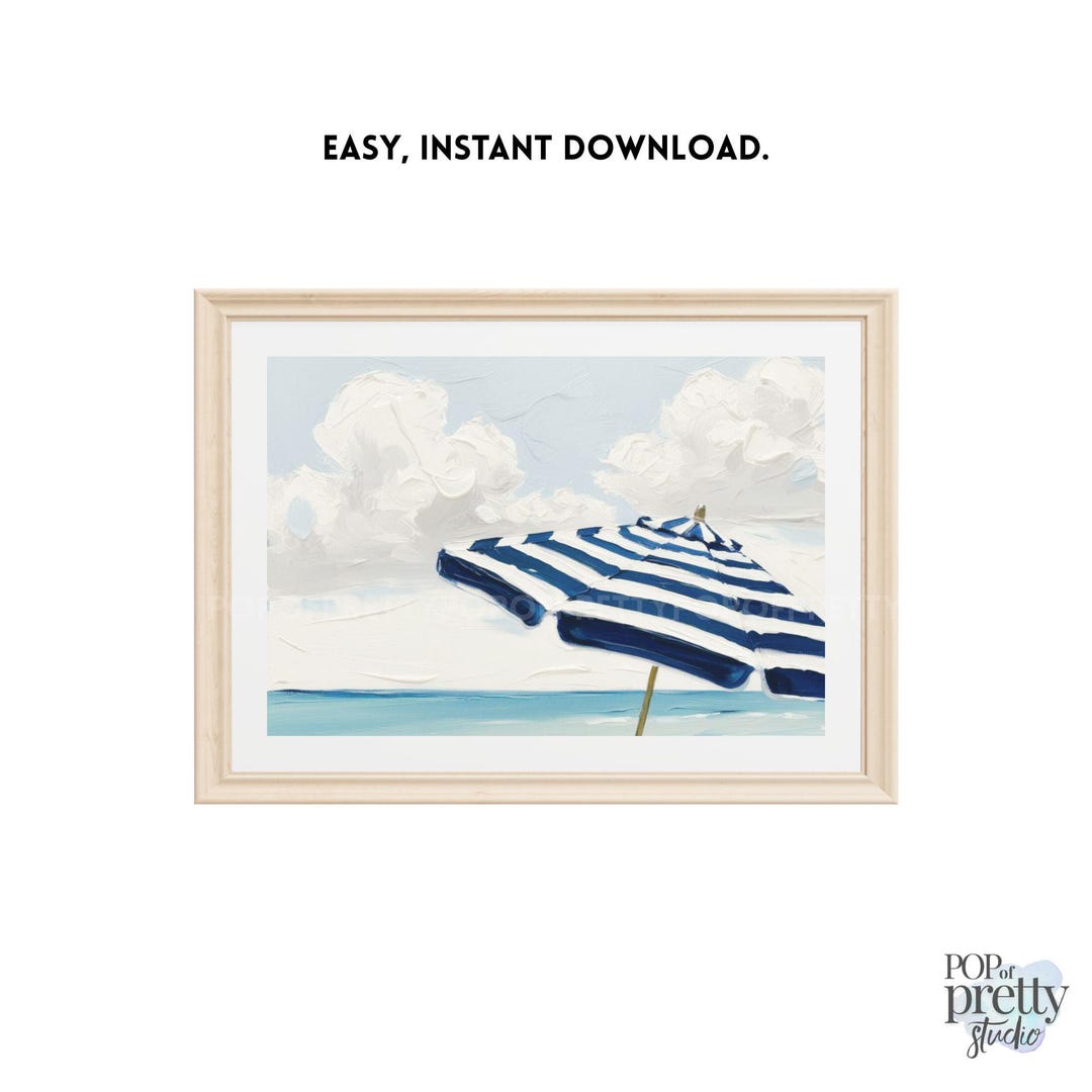 Navy Blue Stripe Beach Umbrella Coastal Print Download, Oil Painting ...