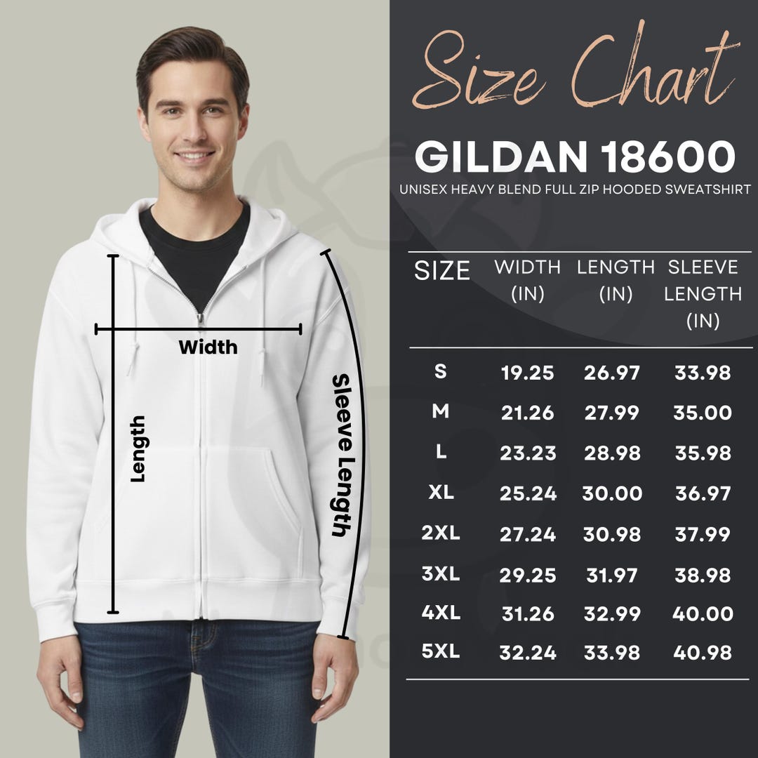 Gildan 18600 Size Chart - Unisex Full Zip Hoodie (PNG Digital Download ...