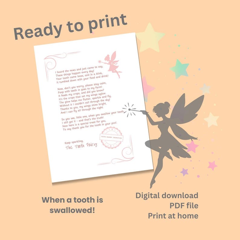 Swallowed Tooth Letter From Tooth Fairy, Ready to Print Instant ...