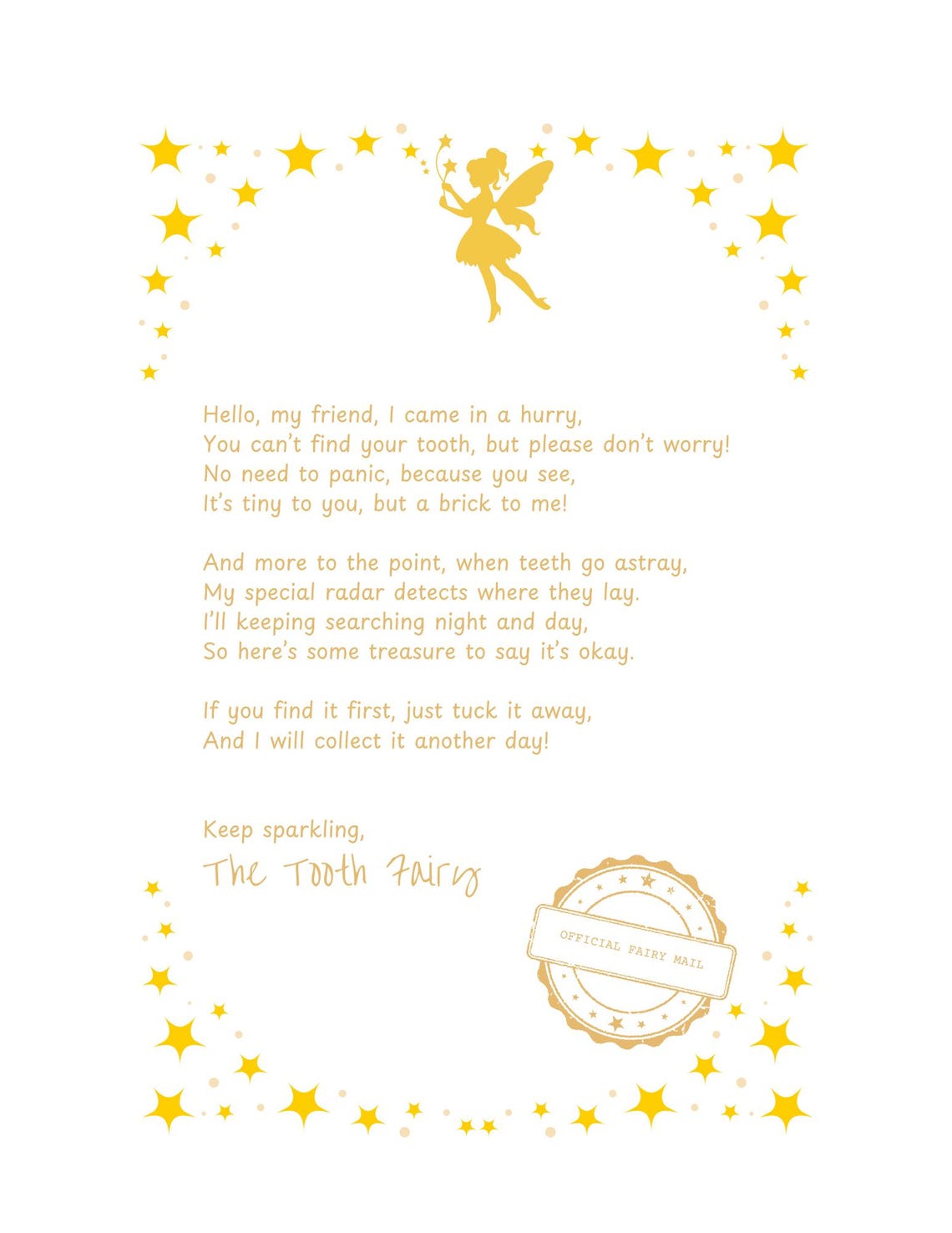 Missing Tooth Letter From the Tooth Fairy, Ready to Print Instant ...