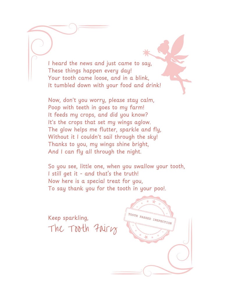 Swallowed Tooth Letter From Tooth Fairy, Ready to Print Instant ...
