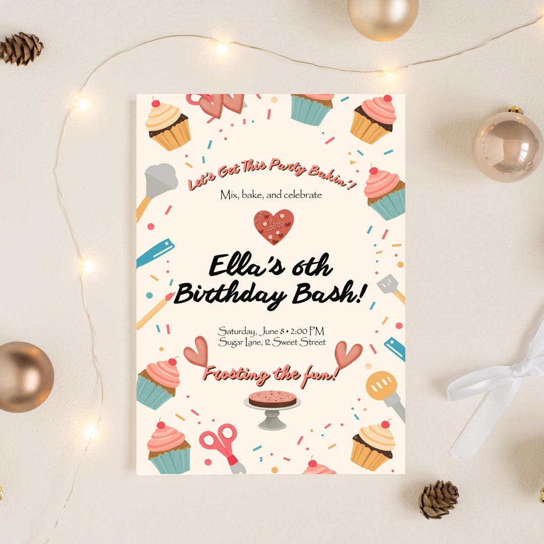 Cupcake Baking Birthday Invitation, Kids Party, Canva Template (digital ...