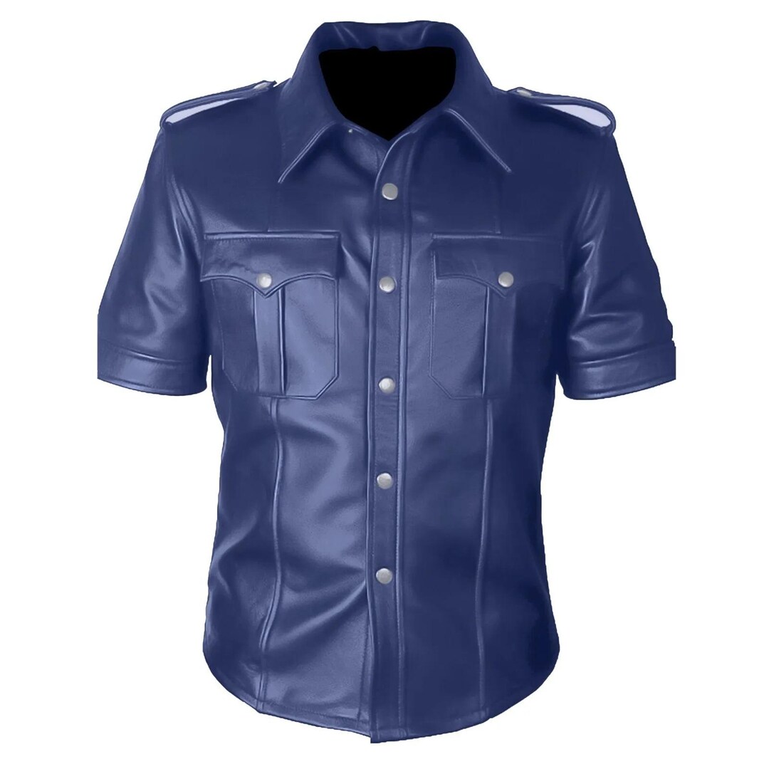 Mens Real Leather Police Uniform Blue Short Sleeves Shirt Bluf Gay ...