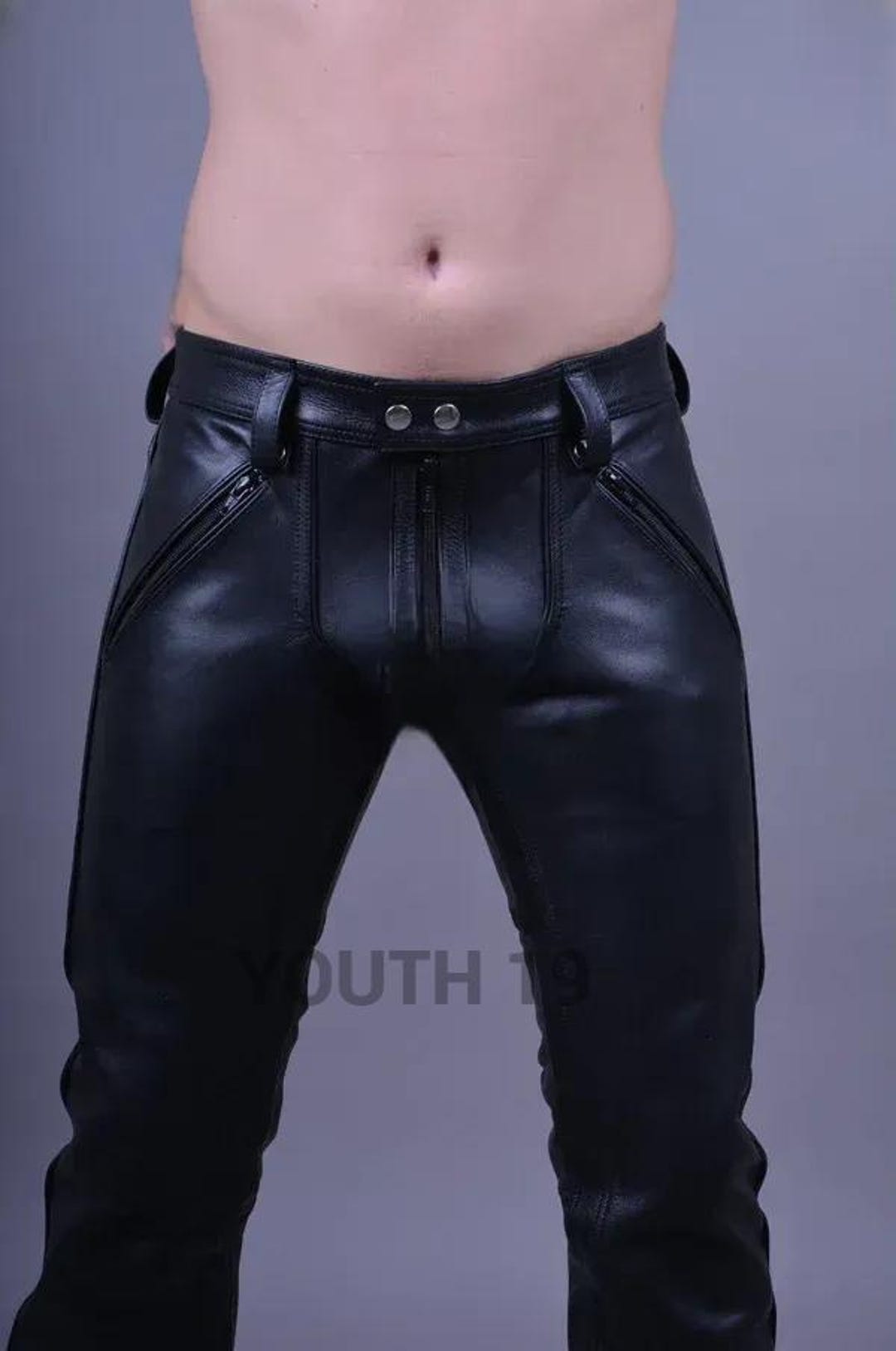 Mens Real Sheepskin Leather Trouser: Front to Back Zipper, Biker Style ...