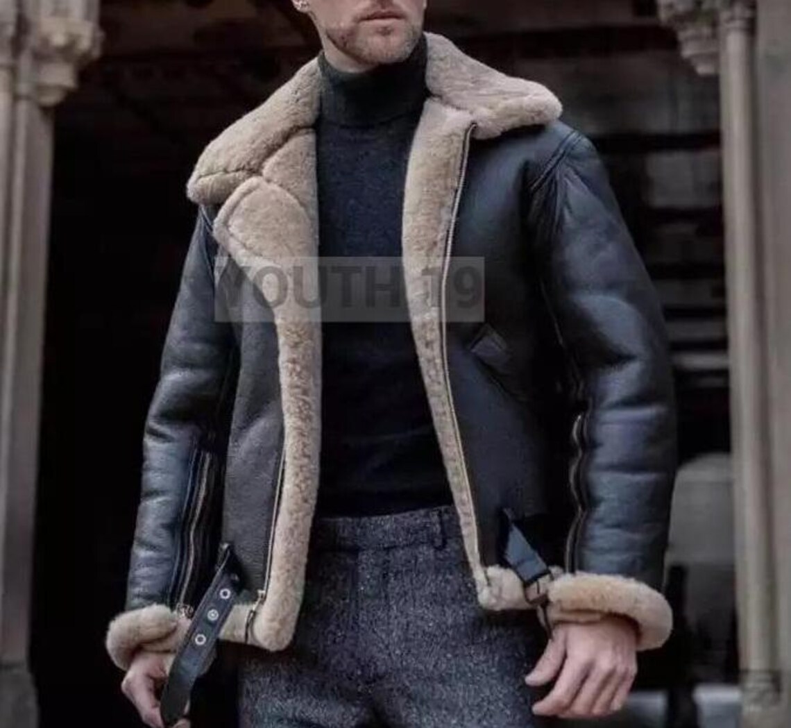 Mens Black Leather B3 RAF Bomber Jacket: Faux Shearling Aviator Coat - Etsy
