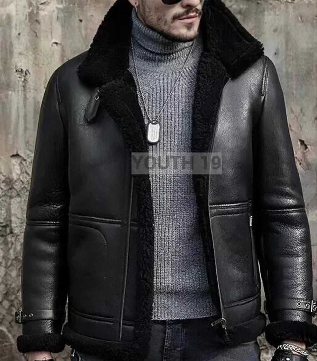 Mens Black B3 RAF Bomber Jacket: Faux Shearling Lined Leather Aviator ...