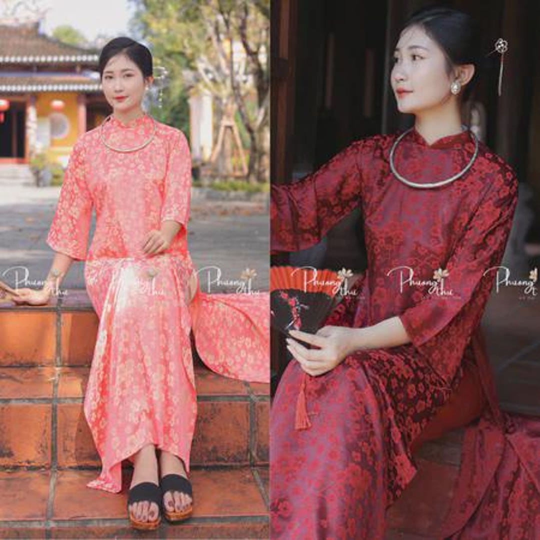 Vintage-inspired Silk Brocade Ao Dai, Peach Blossom Pattern, Vietnamese ...
