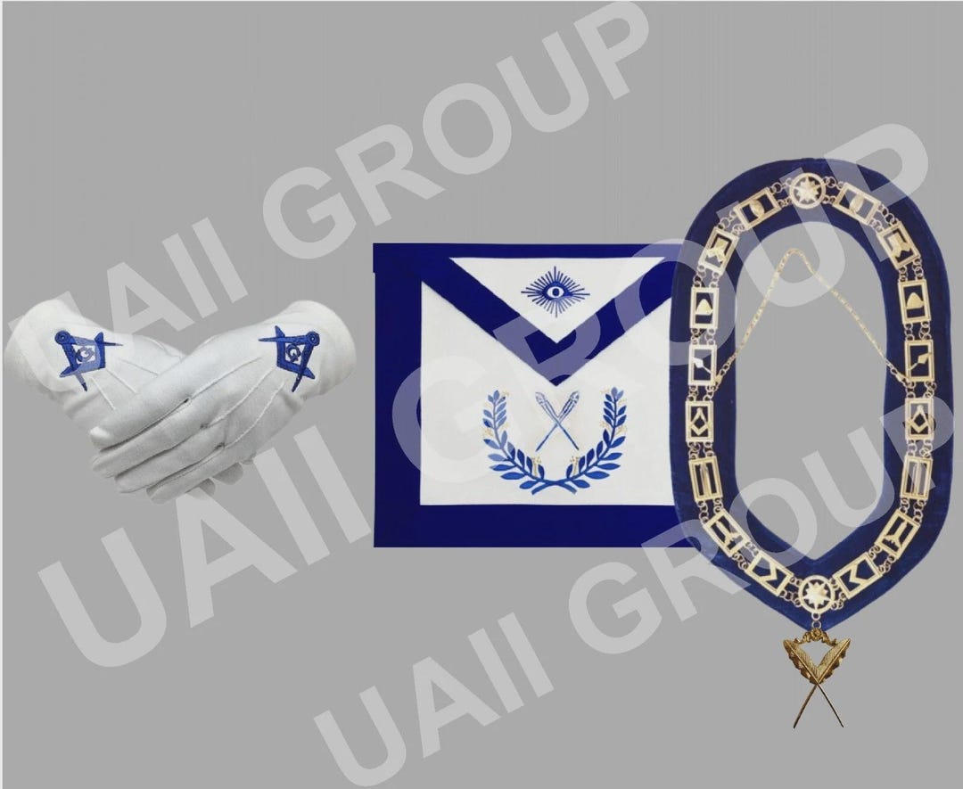 Masonic Blue Lodge Secretary Officer Apron , Gold Collar Jewel & Gloves ...