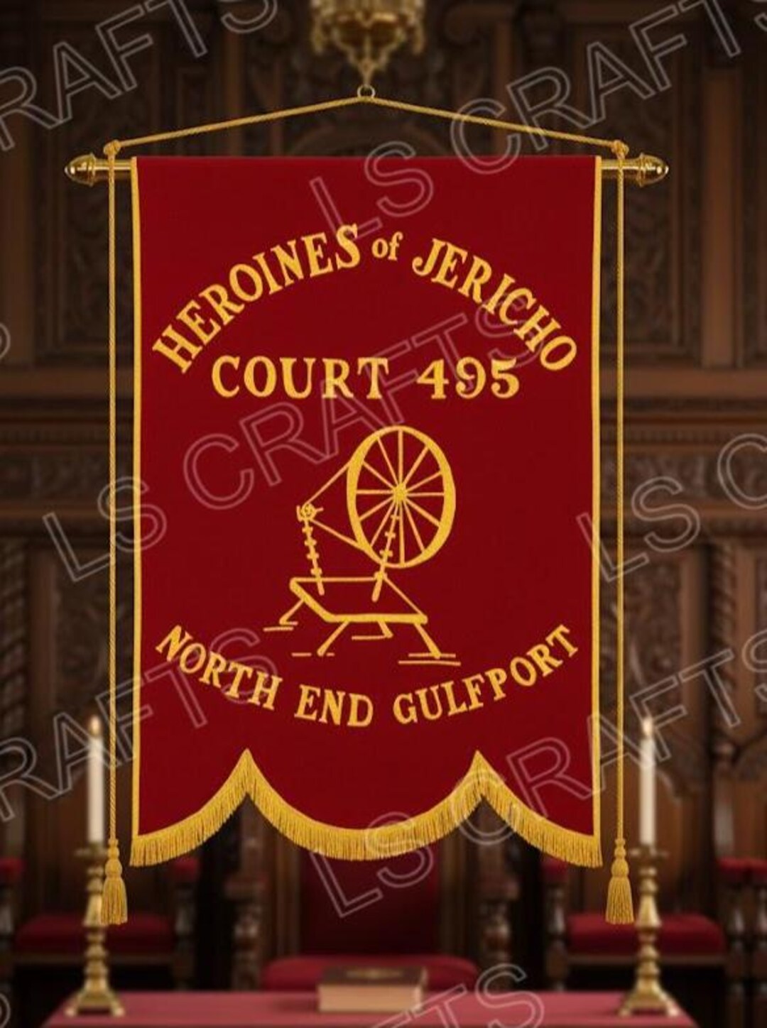 Custom Heroines of Jericho Banner – Embroidered Red Satin, Gold Fringe ...