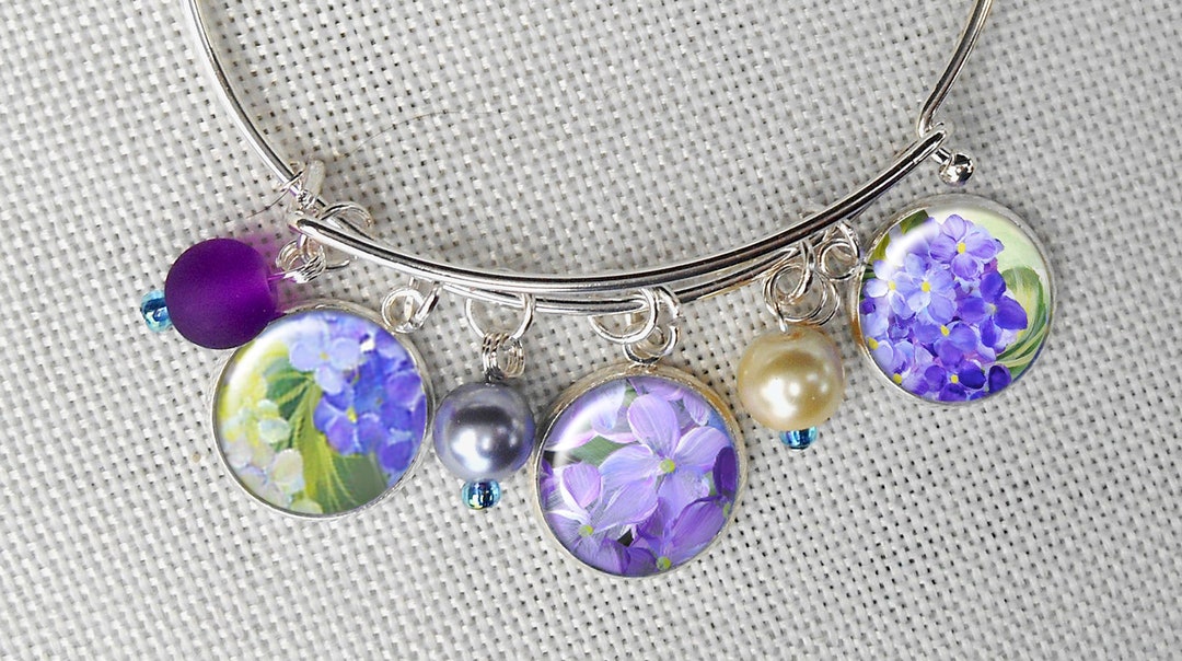 Hydrangea Flower Charm Bracelet, Silver Wire Bangle, Original Art ...