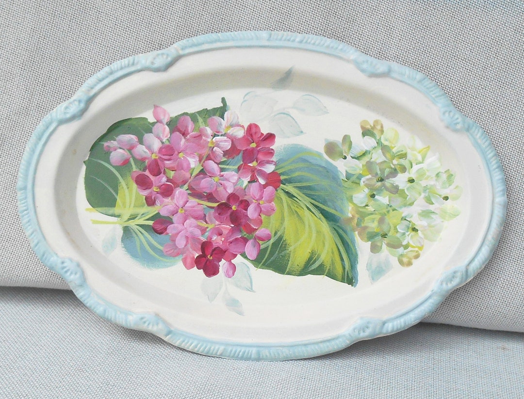Hydrangeas Tray, Handpainted Pink Hydrangeas, Pink & White Flowers Tray ...