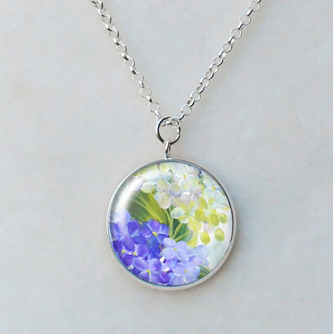 Blue & White Hydrangeas Necklace, February Birthdays, Flower Pendant ...